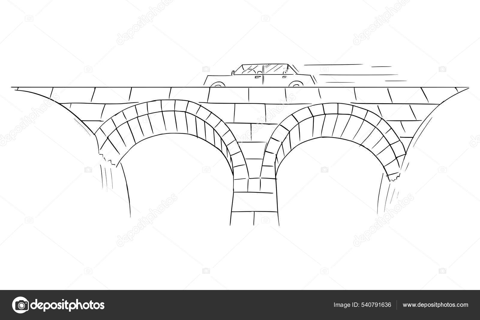 Car Moving Across the Bridge, Vector Cartoon Stick Figure Illustration ...
