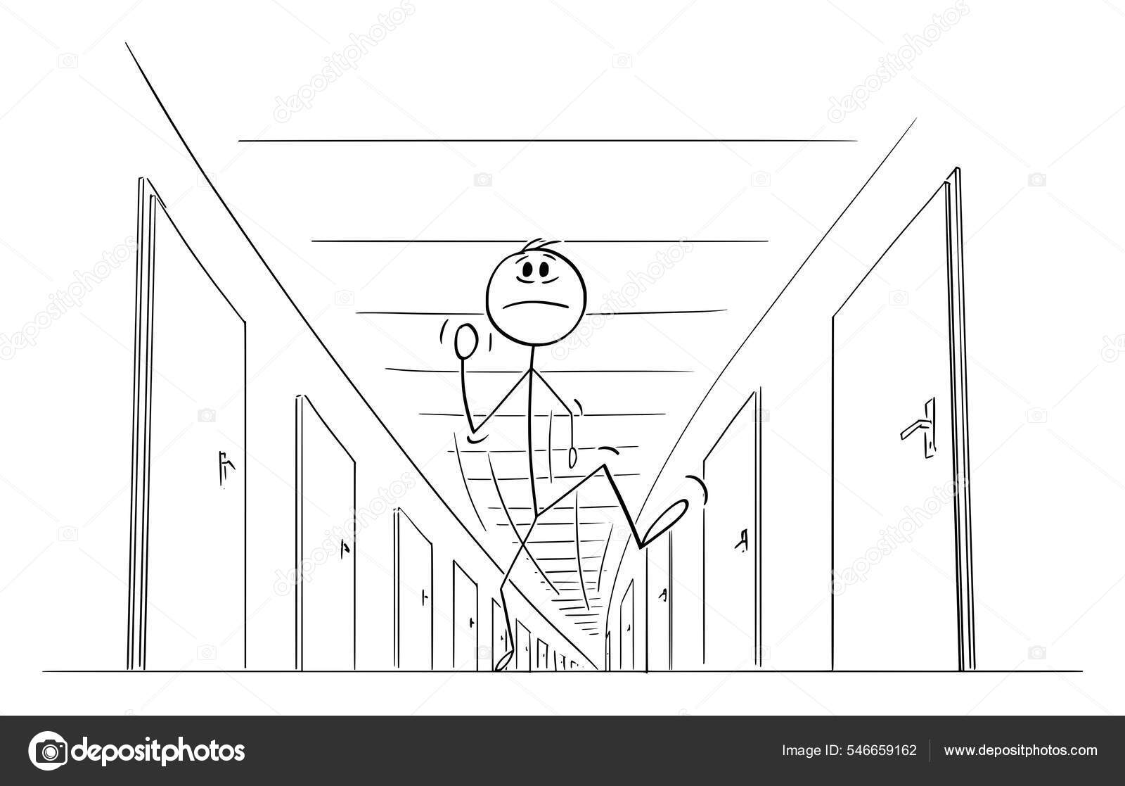 Person Running Through Endless Corridor with Door , Vector Cartoon ...
