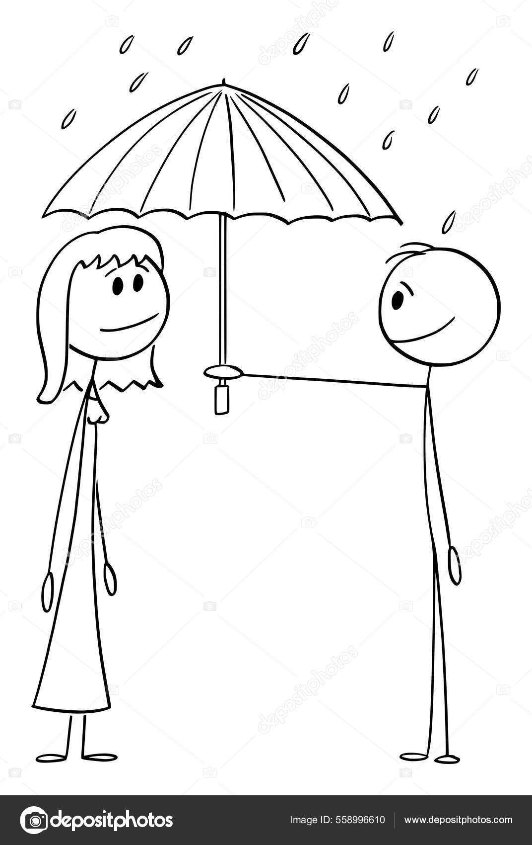 Man Offering Umbrella in Rain to Woman, Love and Protection, Vector ...