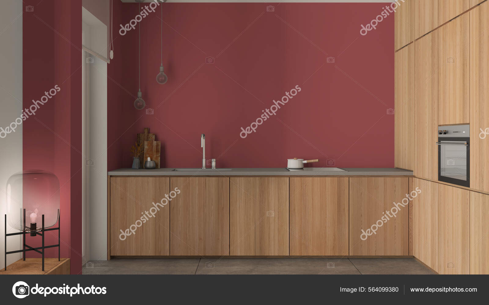 Modern Minimalist Wooden Kitchen Red Tones Sink Steal Tap Induction ...
