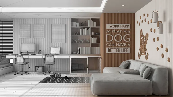 Architect interior designer concept: hand-drawn draft unfinished ...