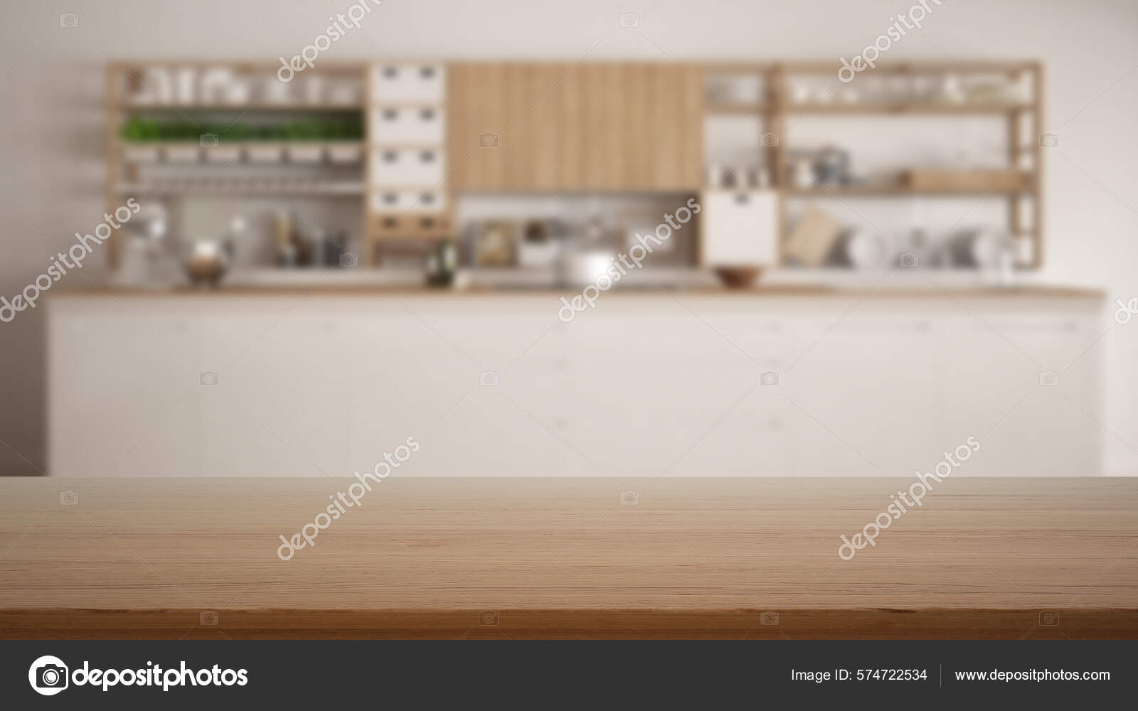 Empty Wooden Table Desk Shelf Blurred View Modern White Kitchen — Stock ...