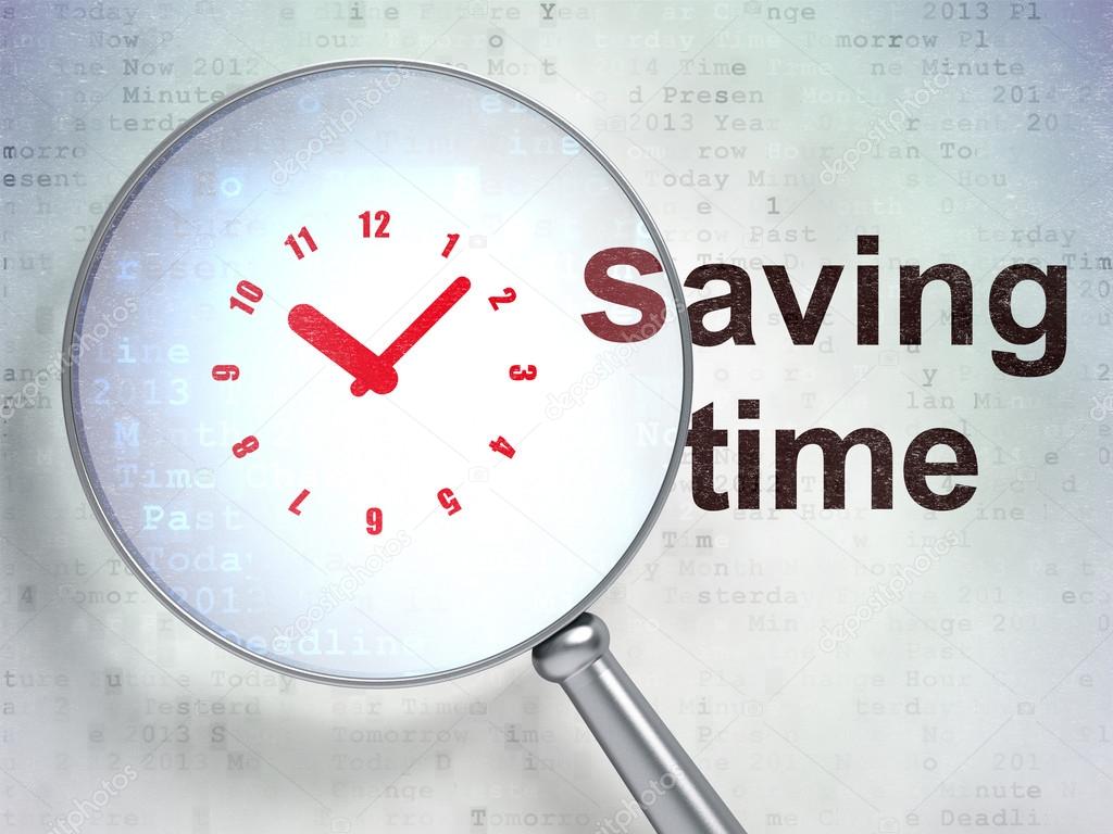 Timeline concept: Clock and Saving Time with optical glass — Stock ...