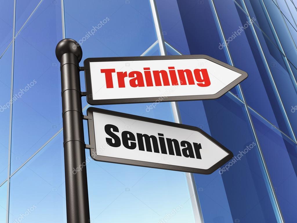 Education concept: sign Training Seminar on Building background Stock ...
