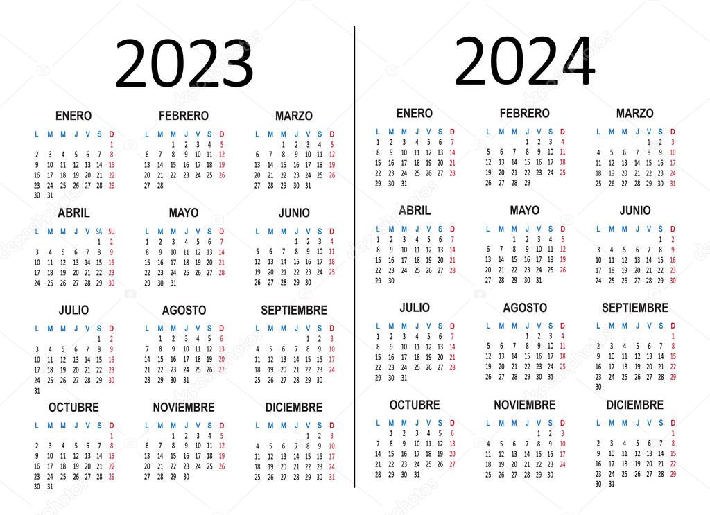 Spanish Calendar 2023 2024 Years Week Starts Monday Vector Illustration ...