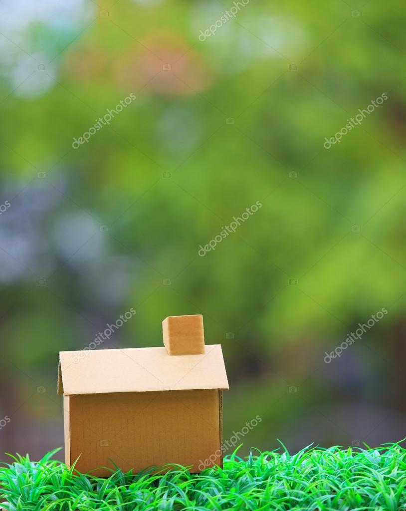 Home making from old recycle paper box lying on green grass fiel ...