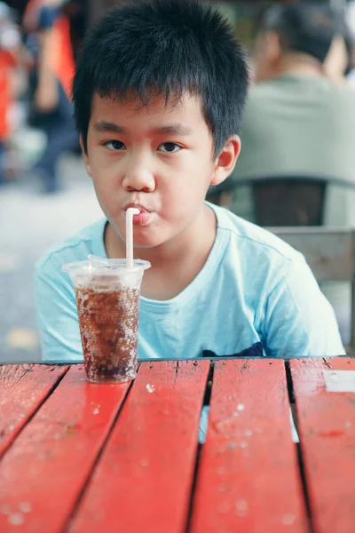 Asian Children Drinking Cool Drink Plastic Cub — Stock Photo ...
