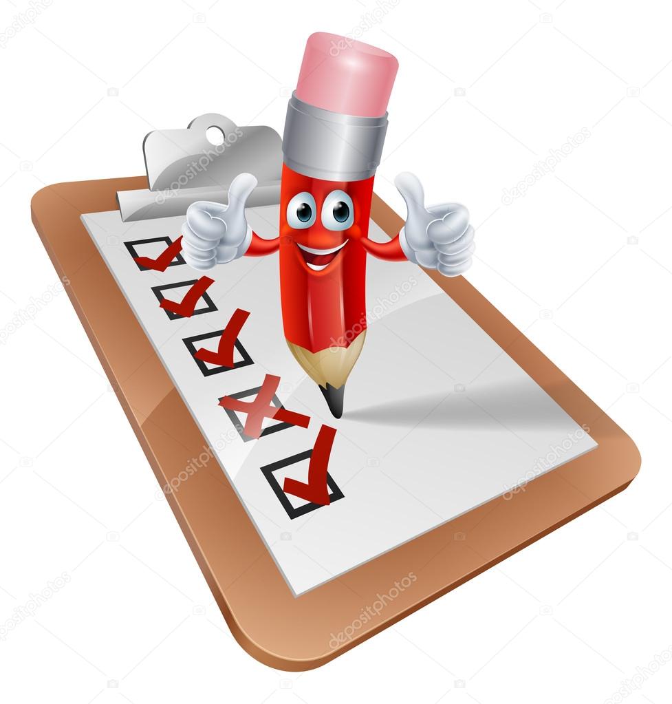 Lápiz de dibujos animados Hombre y portapapeles de encuesta 2024