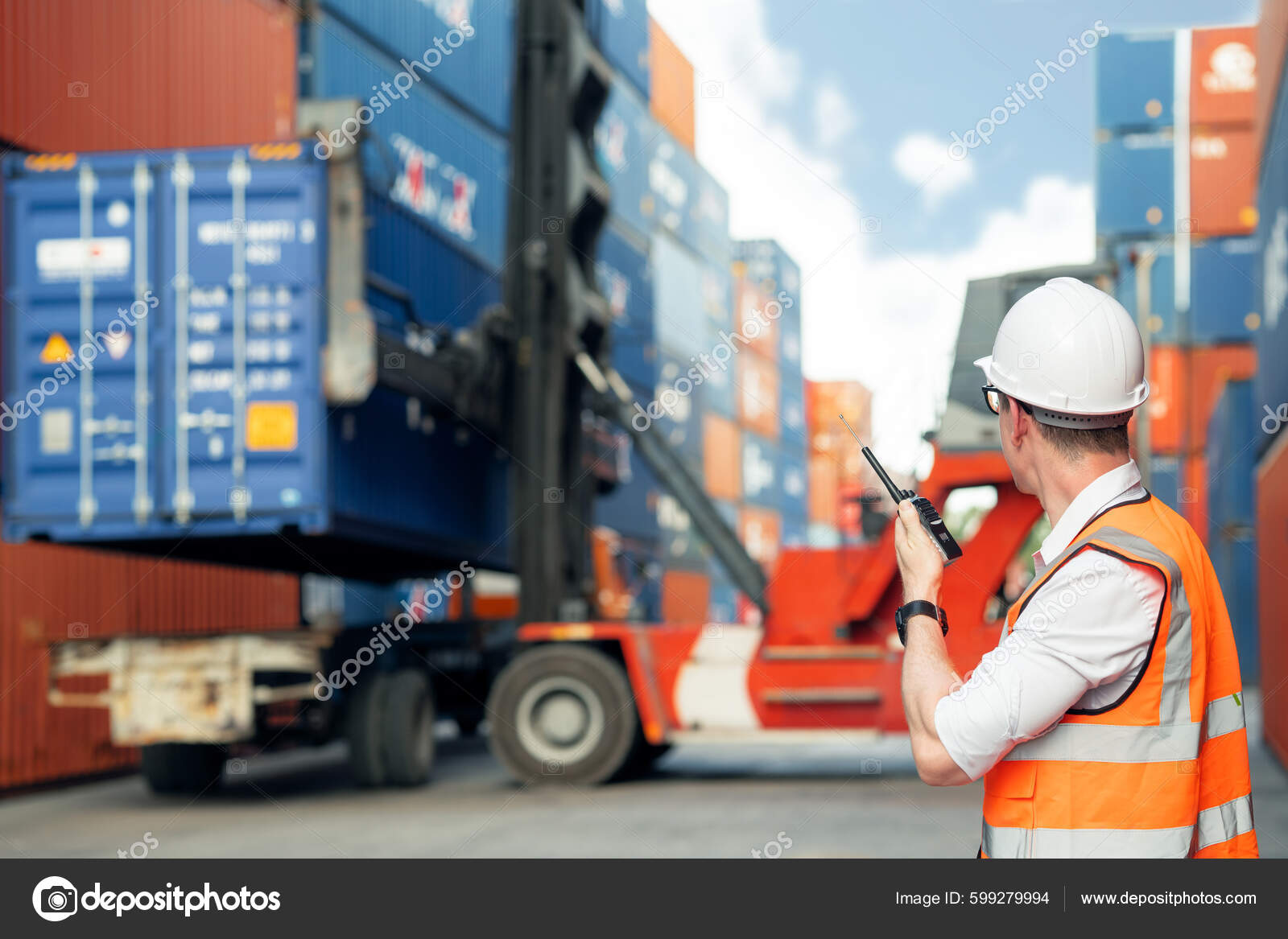 Industrial Worker Controlling Container Loading Walkie Talkie Import ...