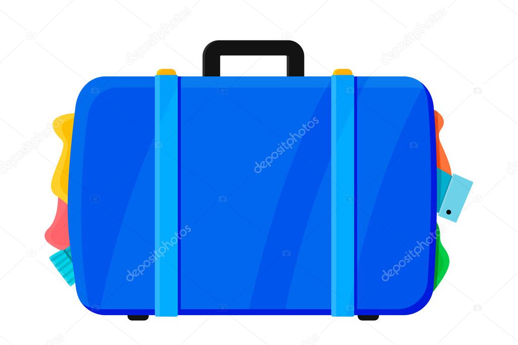 Maleta. Una maleta llena de cosas y ropa. Sobrecarga durante el ...