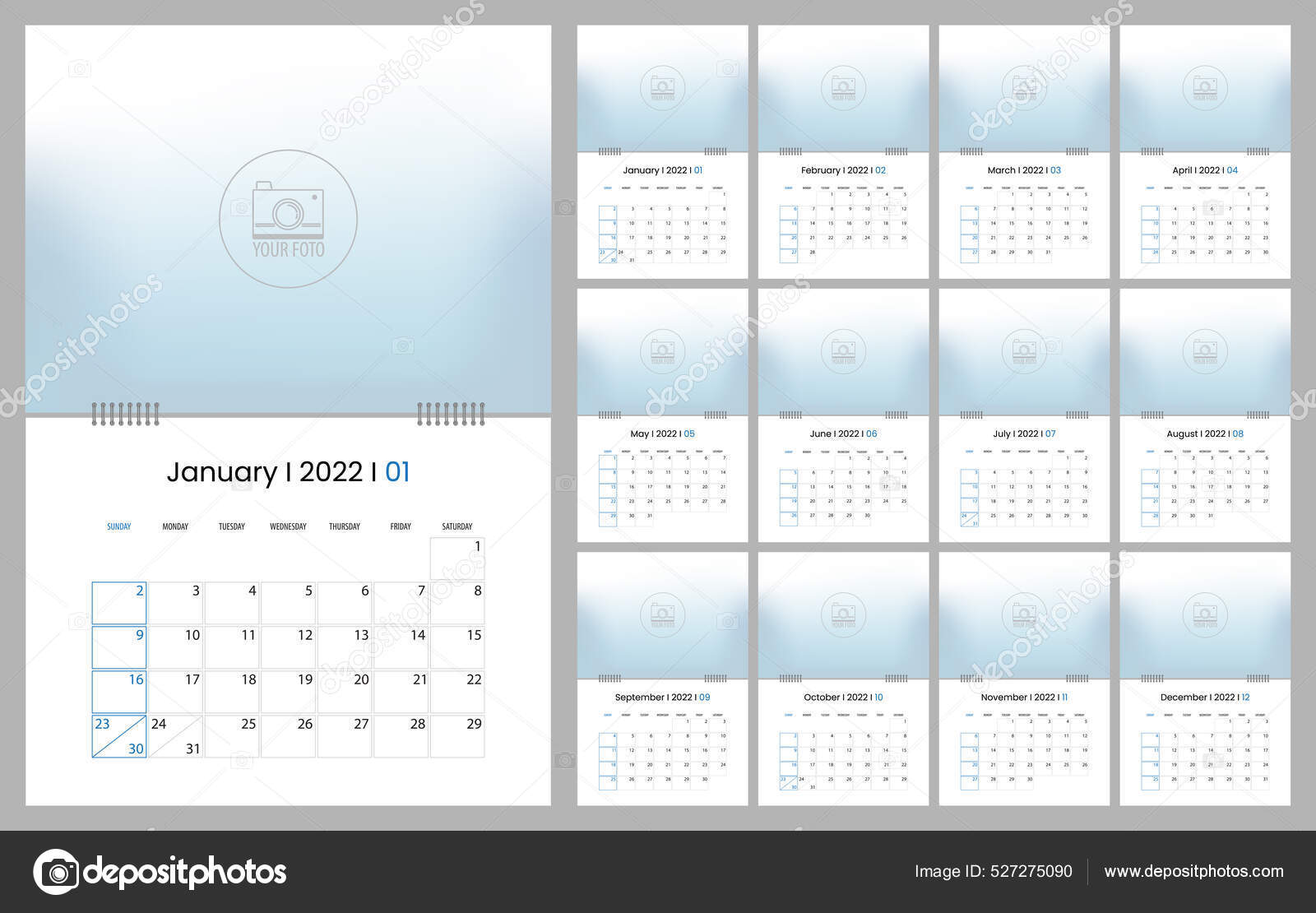 Calendar Template 2022 Minimalist Day Planner Week Starts Sunday Stock ...