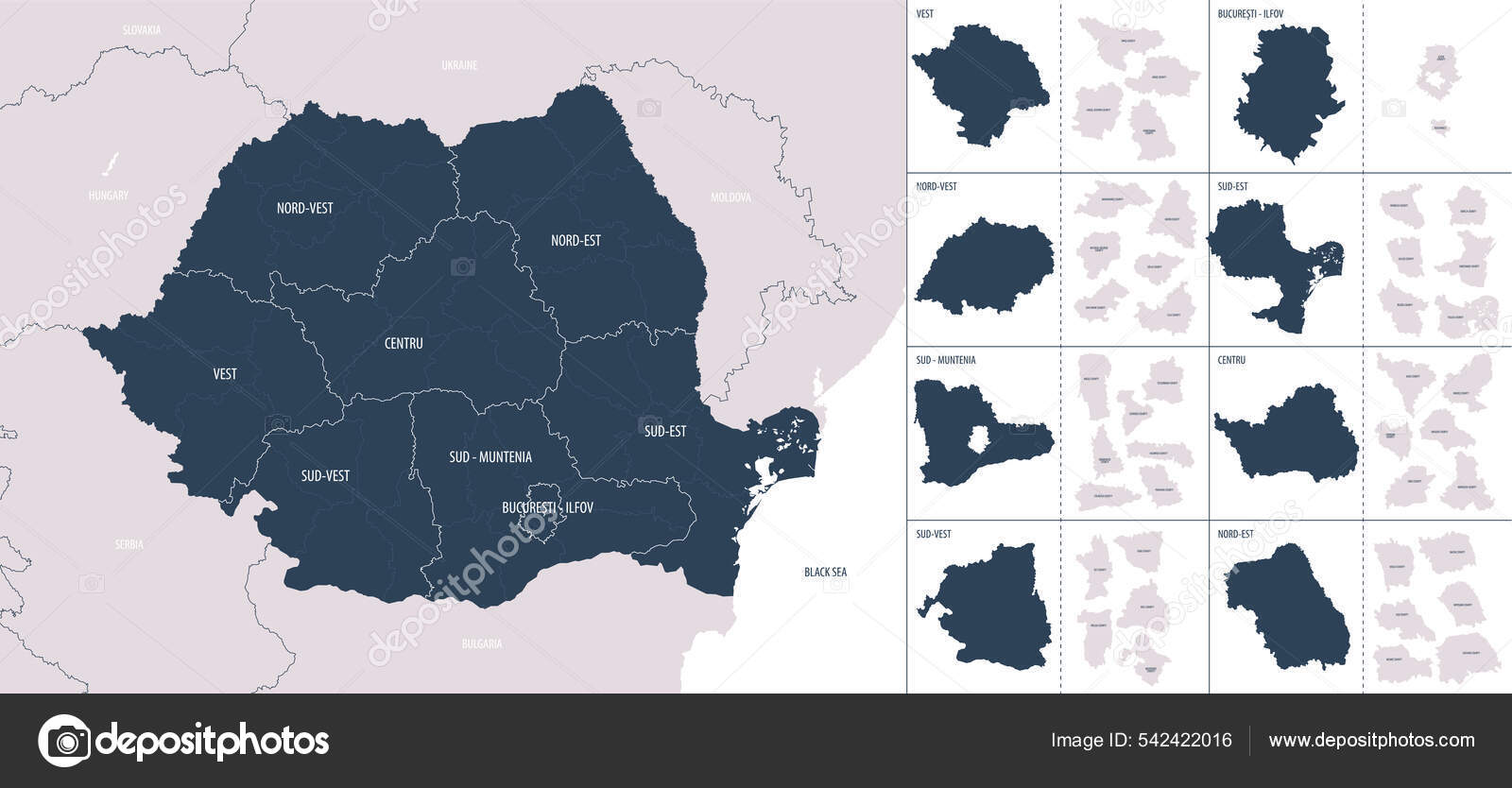Vector Color Detailed Map Romania Administrative Divisions Country Each ...