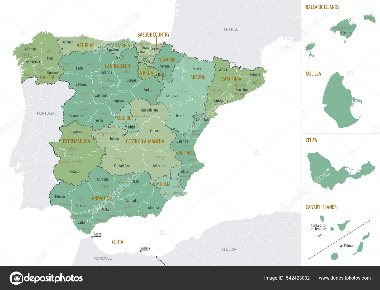 Detailed Map Spain Administrative Divisions Autonomous Communities Autonomous Cities Provinces ...