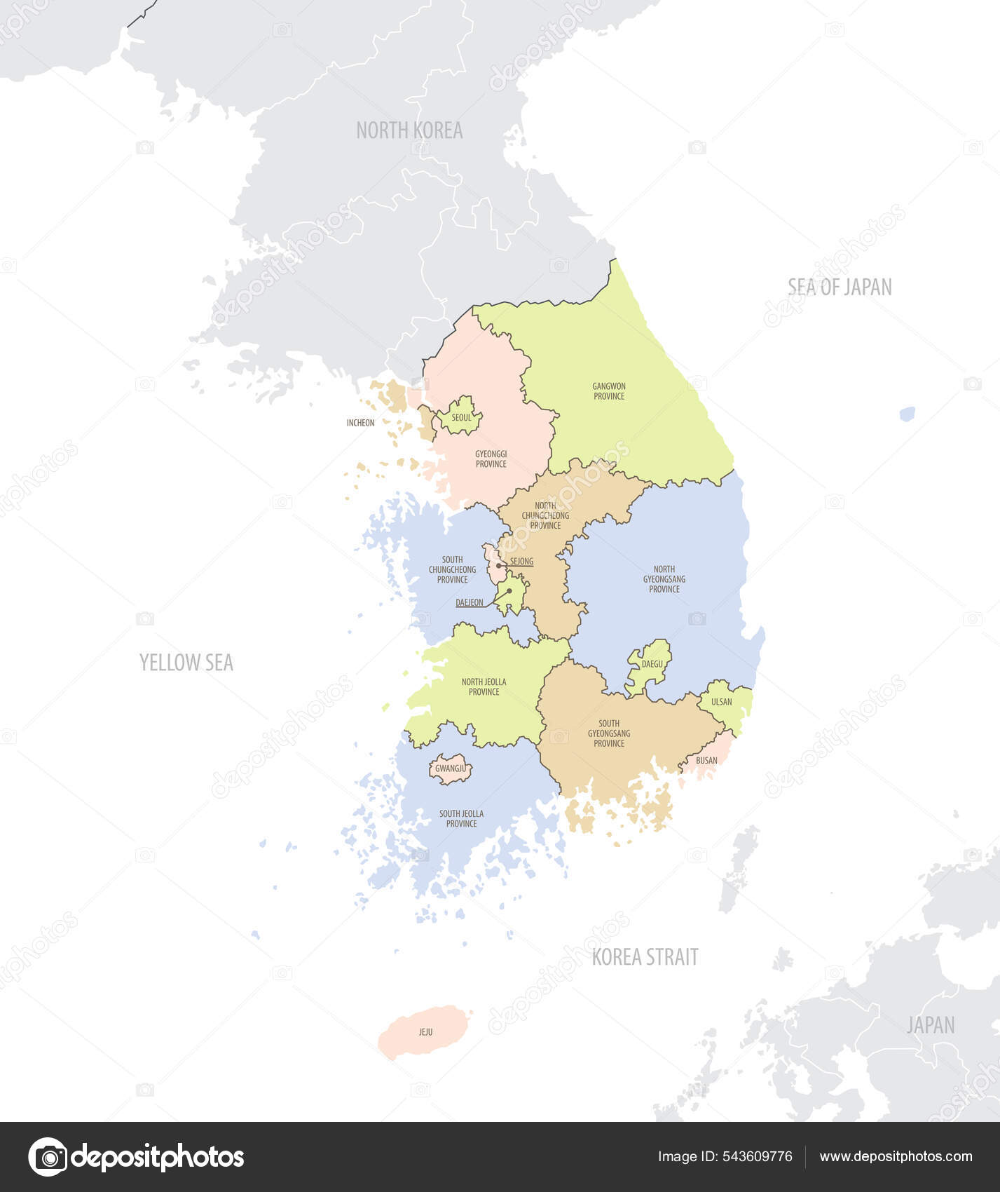 Detailed Map South Korea Administrative Divisions Borders Neighboring ...