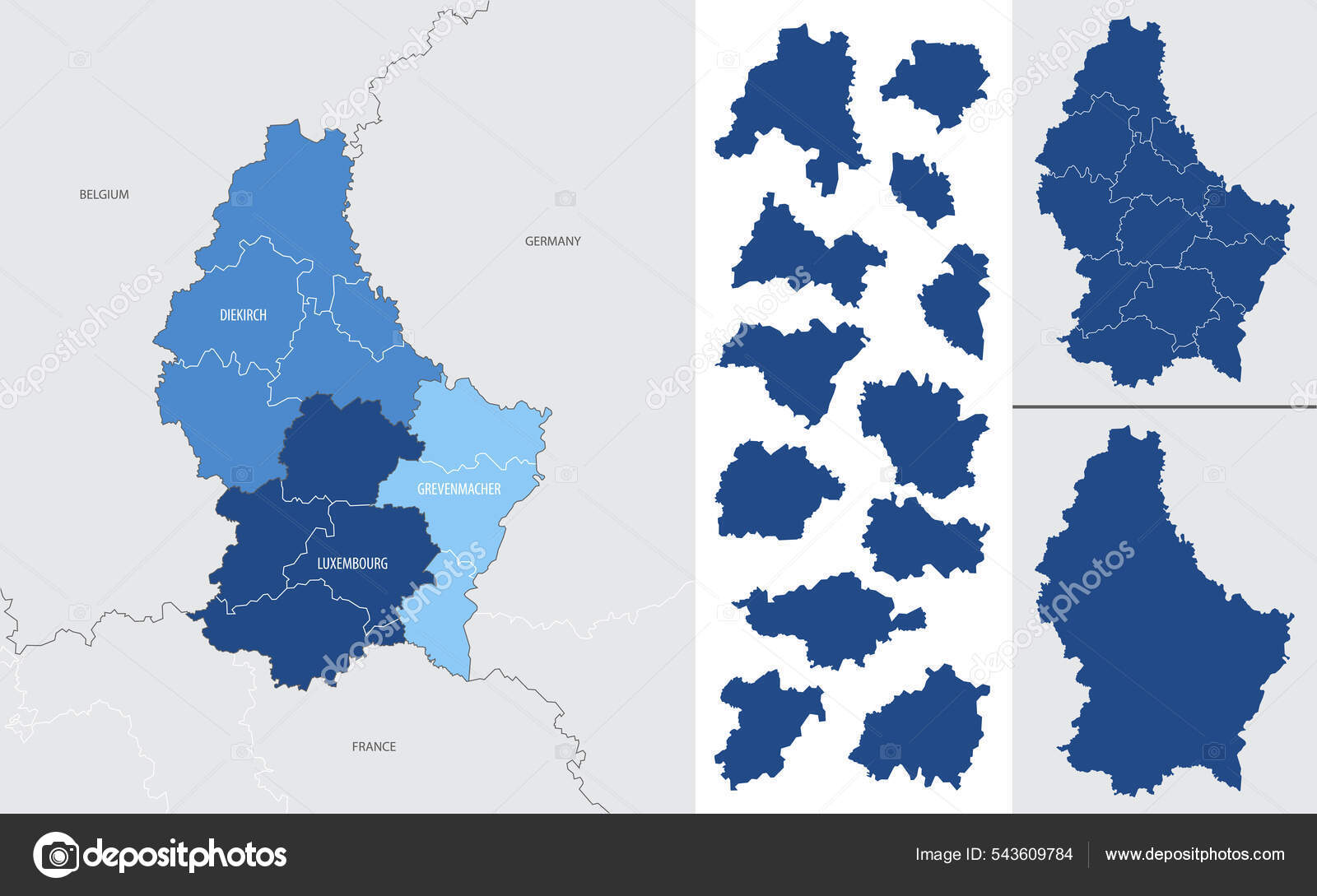 Detailed Vector Blue Map Luxembourg Administrative Divisions District ...