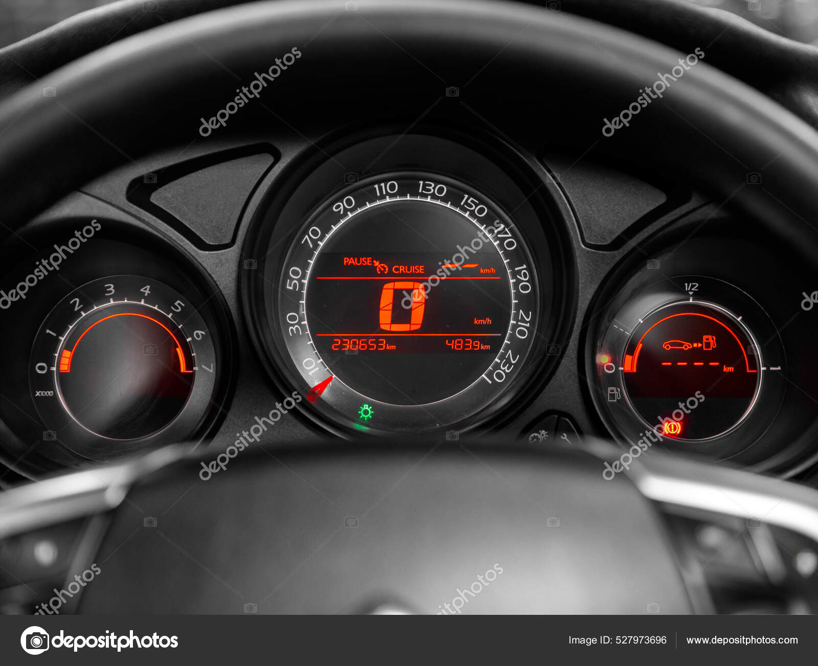 New Car Interior Details Speedometer Tachometer Steering Whee — Stock ...