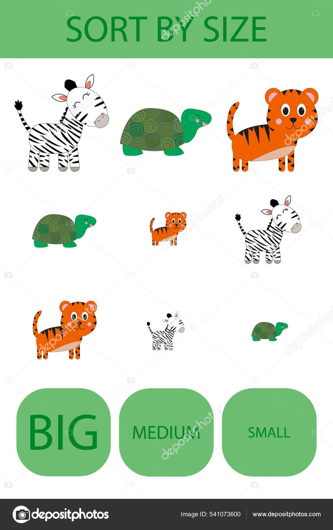 Match Animals Zebra Turtle Tiger Size Large Medium Small Children's ...