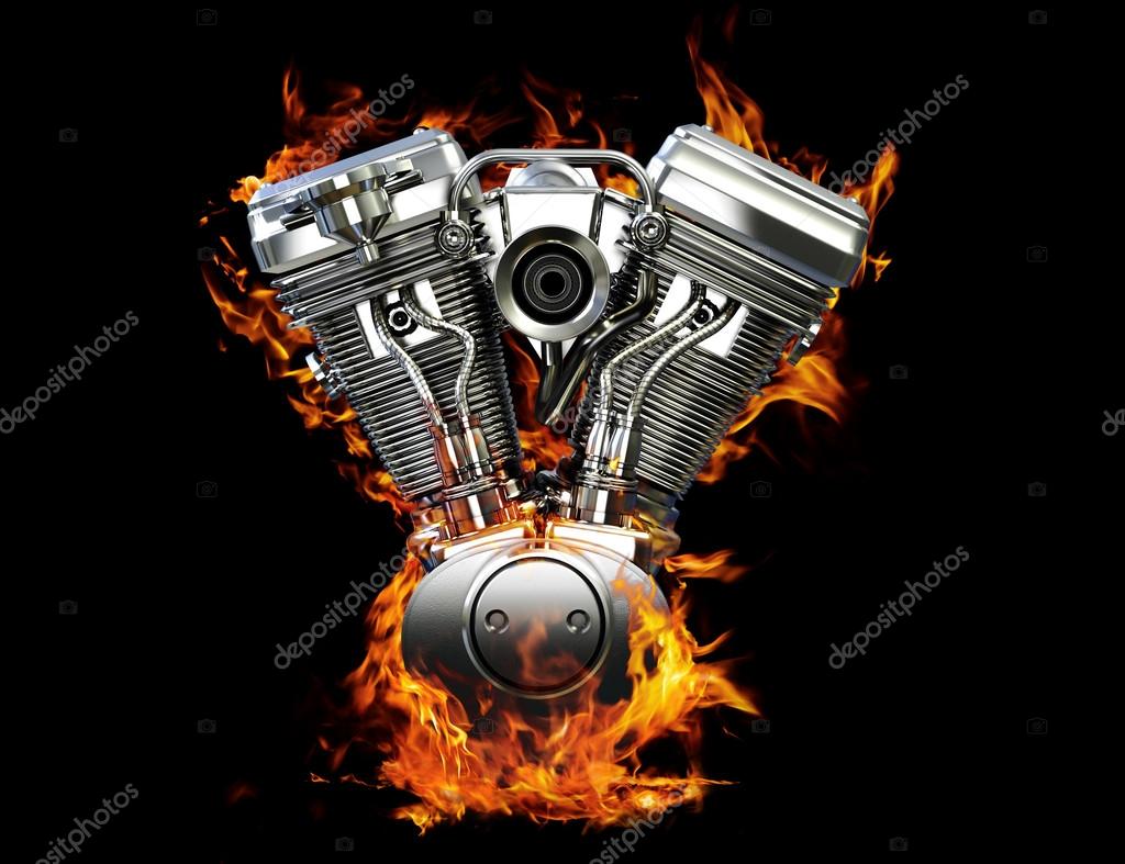 Motor de motocicleta cromado en llamas: fotografía de stock ...