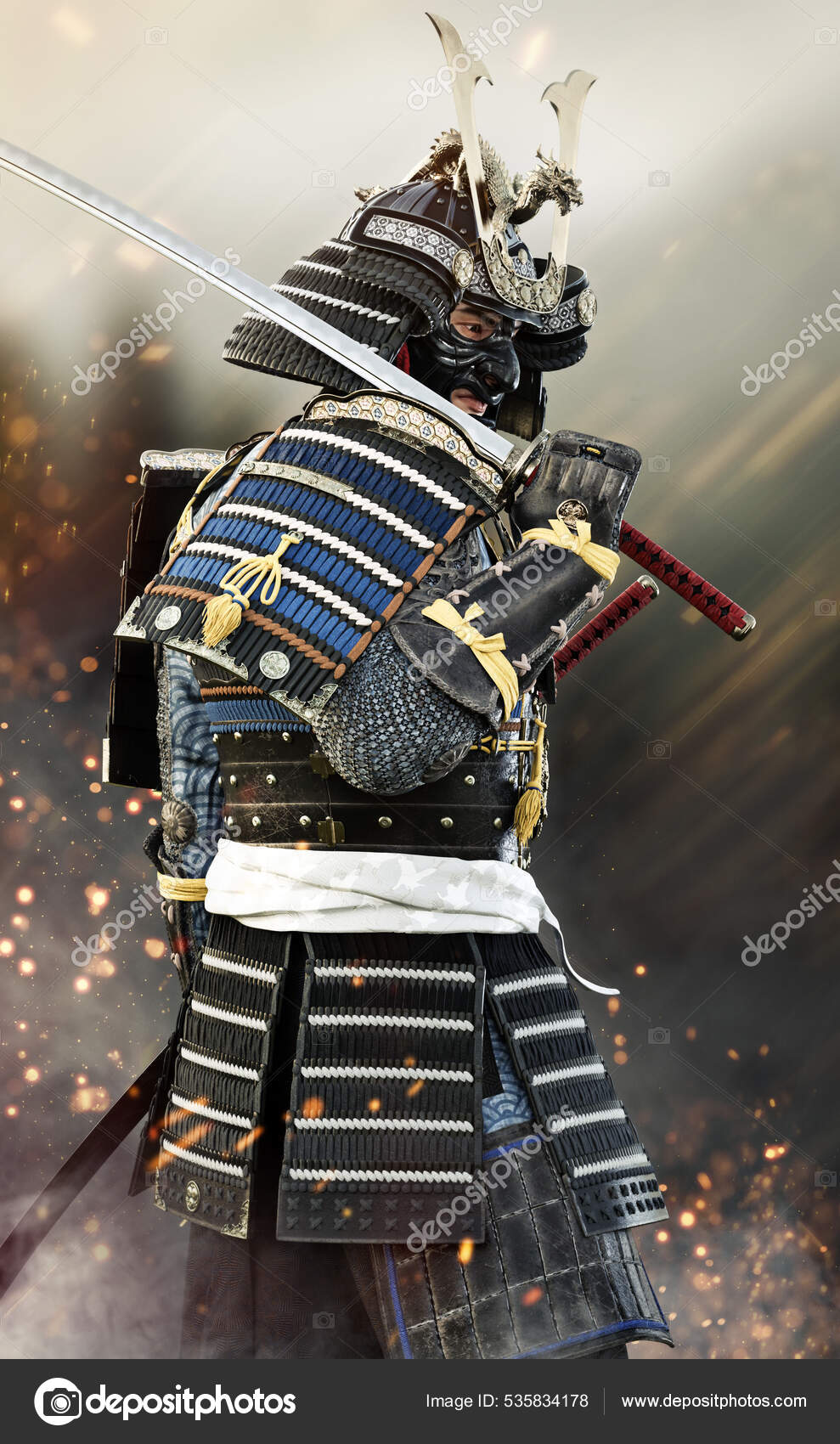 Way Samurai Fully Armored Samurai Surveys Battlefield Rendering Stock ...