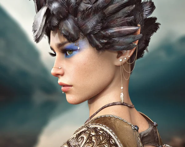 Portrait Fantasy Female Woodland Elf Ranger Wearing Leather Armor Equipped — Stock Photo ...