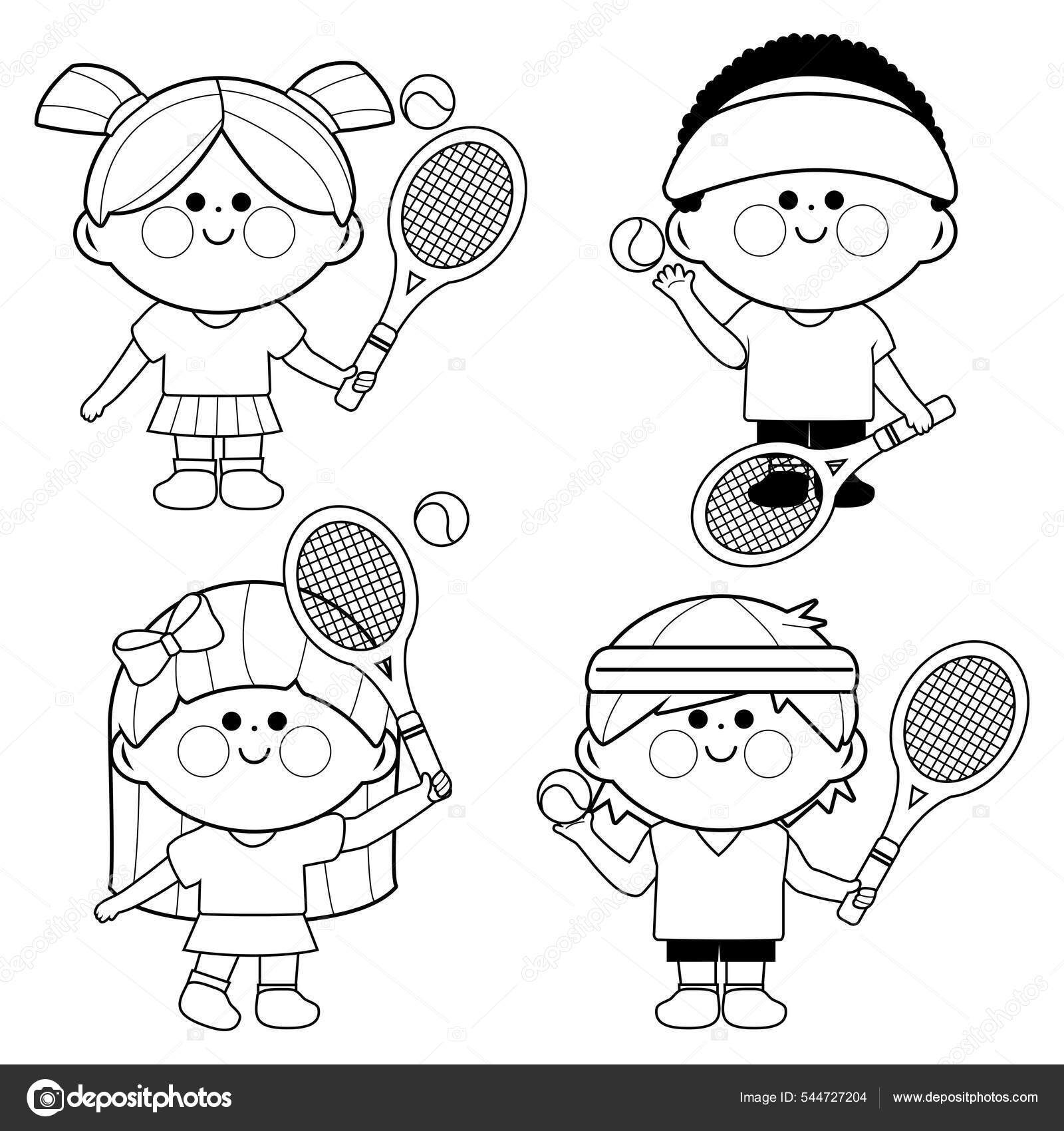 Children Playing Tennis Vector Black White Coloring Page Stock Vector ...
