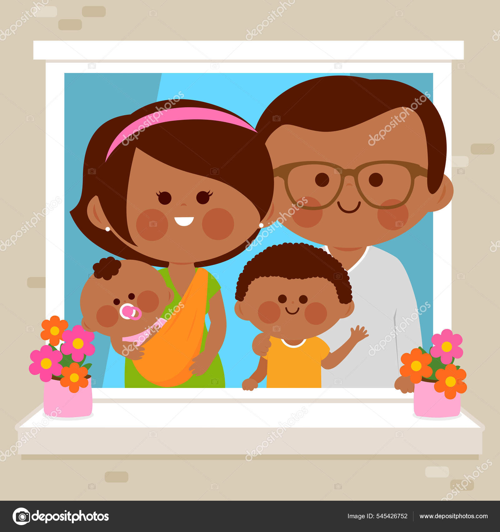 Happy Black Family Home Looking Out Window Vector Illustration Stock ...
