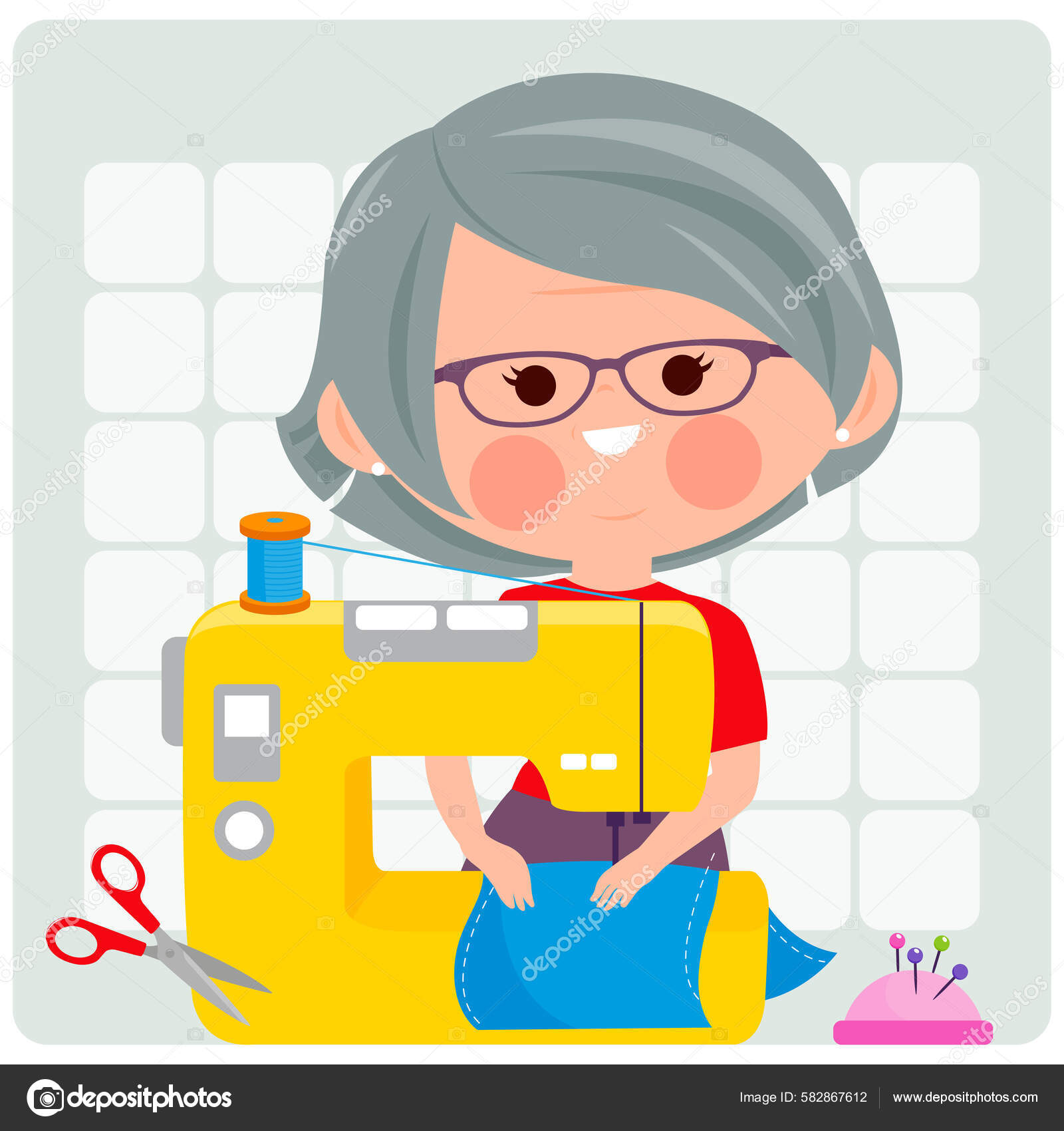 Costurera Senior Usando Máquina Coser Ilustración Vectorial Vector de ...