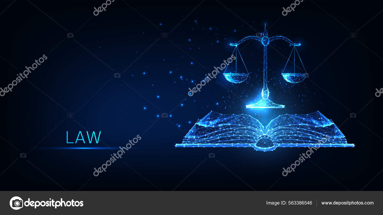 Futuristic justice, law education concept with glowing low polygonal ...