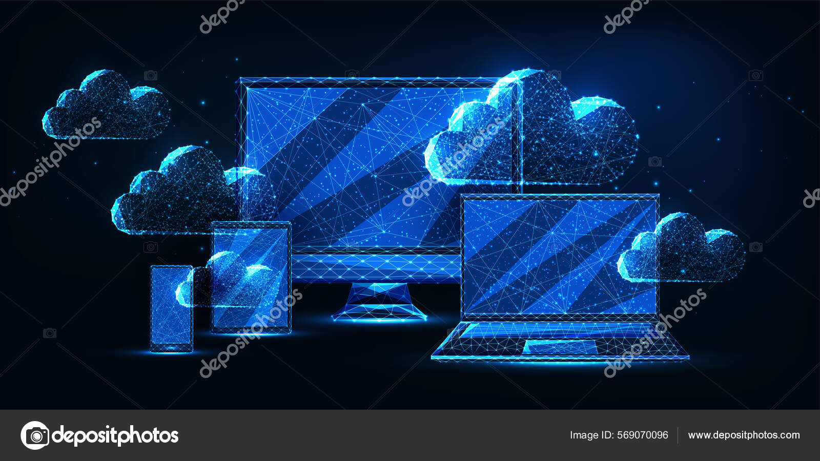 Futuristic cloud computing, technology concept with glowing computer, laptop, smartphone, tablet ...