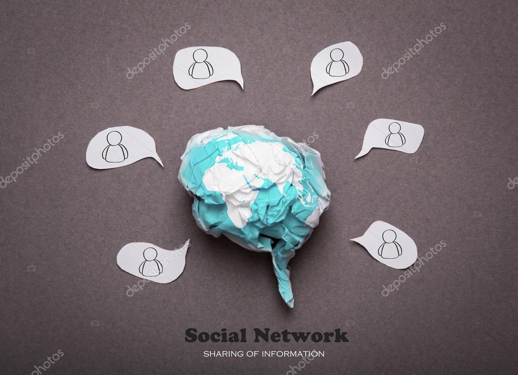Crumpled paper brain shape with social network concept — Stock Photo ...