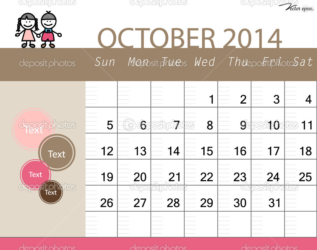 Calendrier 2014 simple, octobre. Illustration vectorielle . Vecteur par ...