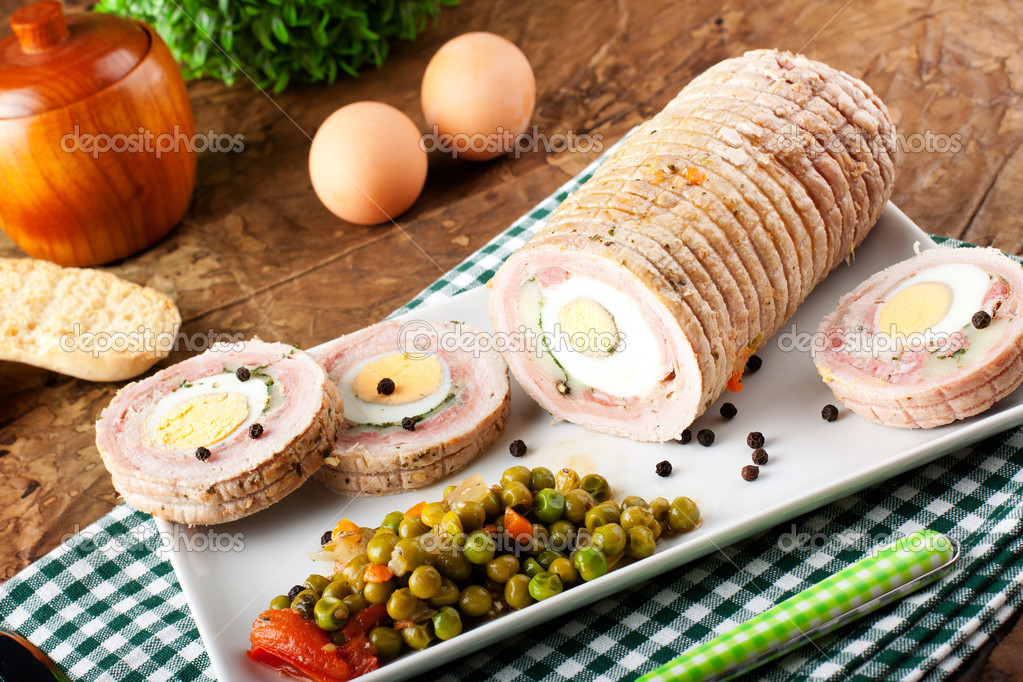 Meat roulade stuffed with egg, ham and vegetables — Stock Photo ...