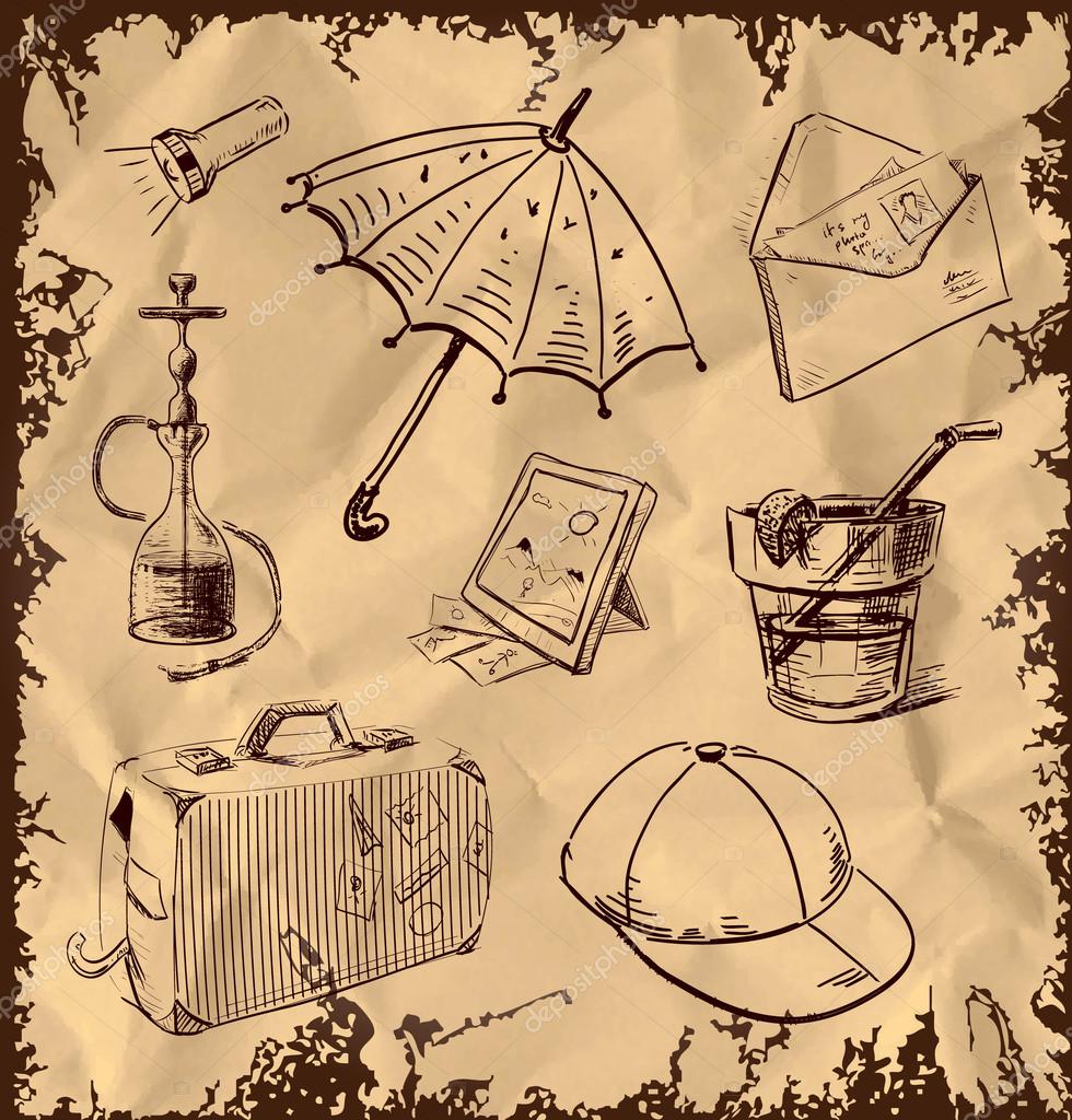 Collection Dobjets De Vacances Dessin à La Main Dessin Vectoriel