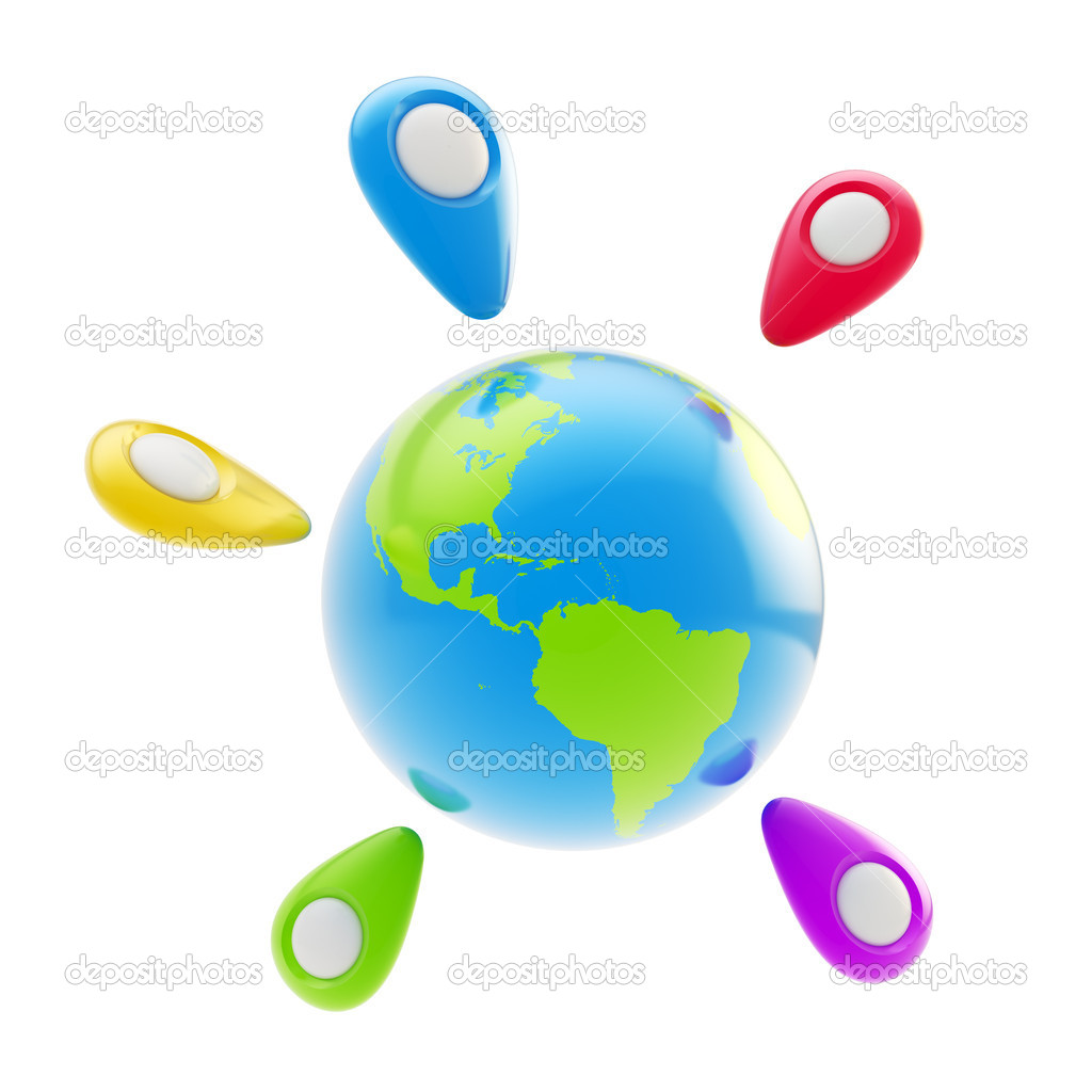 Geo tag emblems around Earth globe isolated — Stock Photo © nbvf89 ...