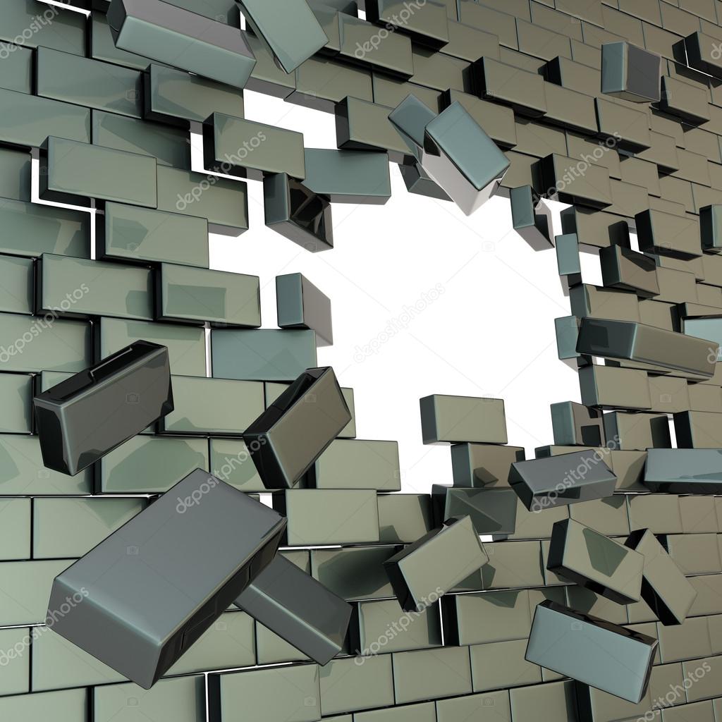 Broken into pieces brick wall with a copyspace hole — Stock Photo ...