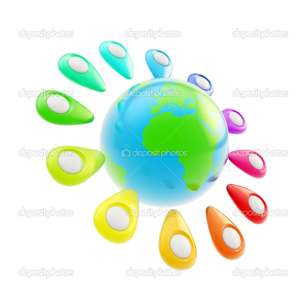 Geo tag emblems around Earth globe isolated — Stock Photo © nbvf89 ...