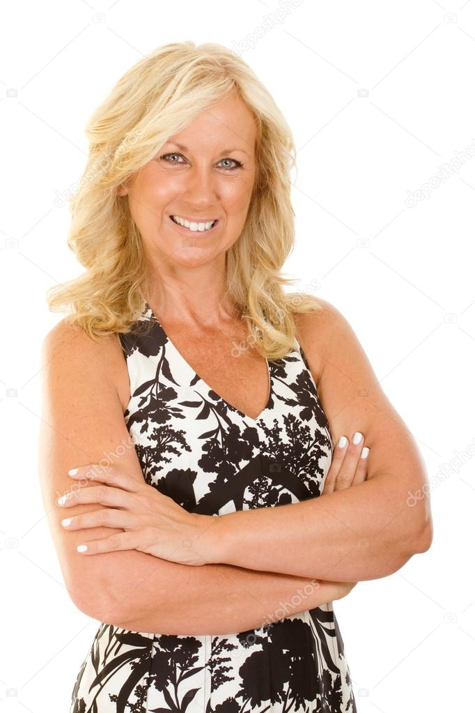 Portrait of happy middle aged woman wearing summer dress — Stock Photo ...