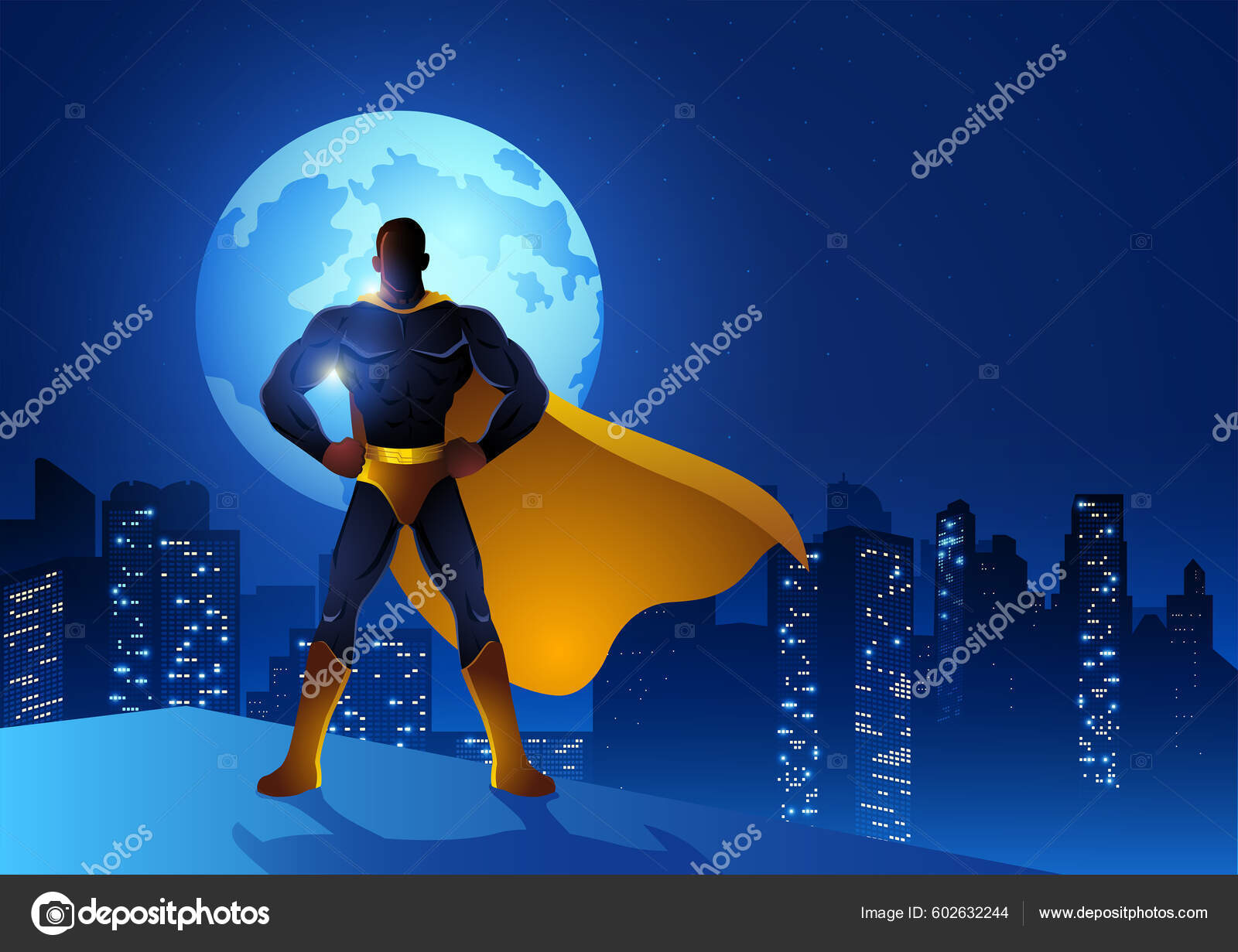 Silhouette Superhero Standing Edge Building Night Cityscape Full Moon ...
