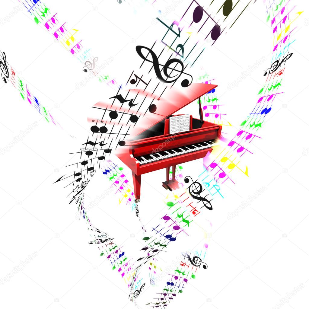Grand piano with colored flying notes on partition sheets — Stock Photo ...