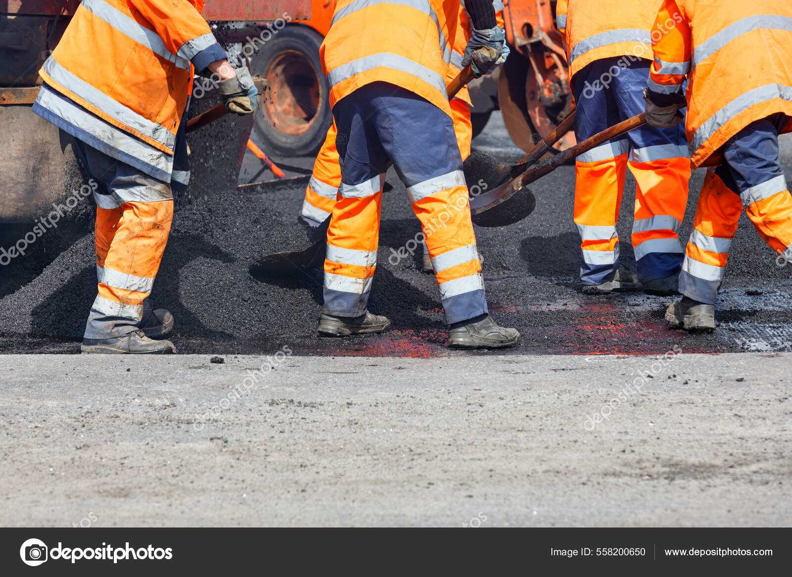 Team Road Workers Orange Uniforms Resurfaces Part Road Fresh Asphalt ...