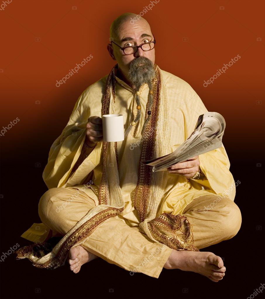 Funny Guru with Newspaper and Coffee — Stock Photo © creatista #39439085