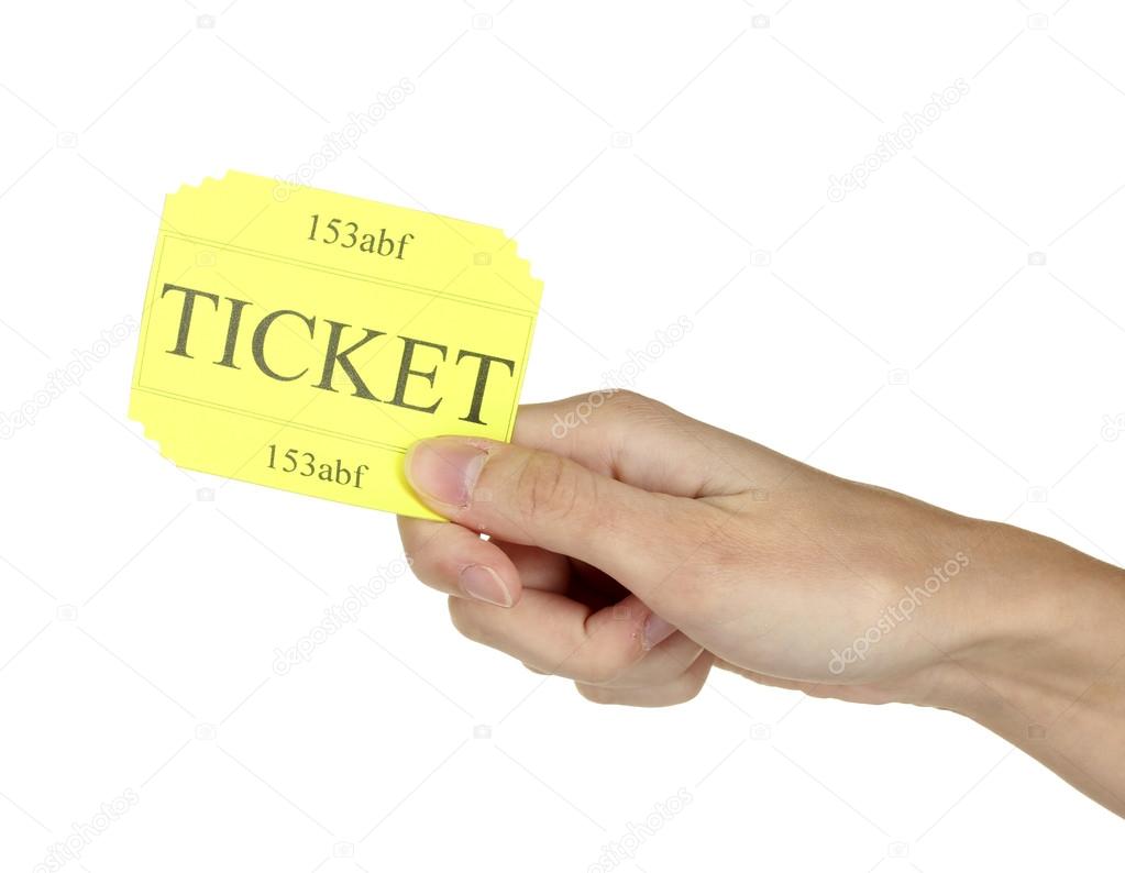 Woman's hand holding a colorful ticket on white background close-up ...