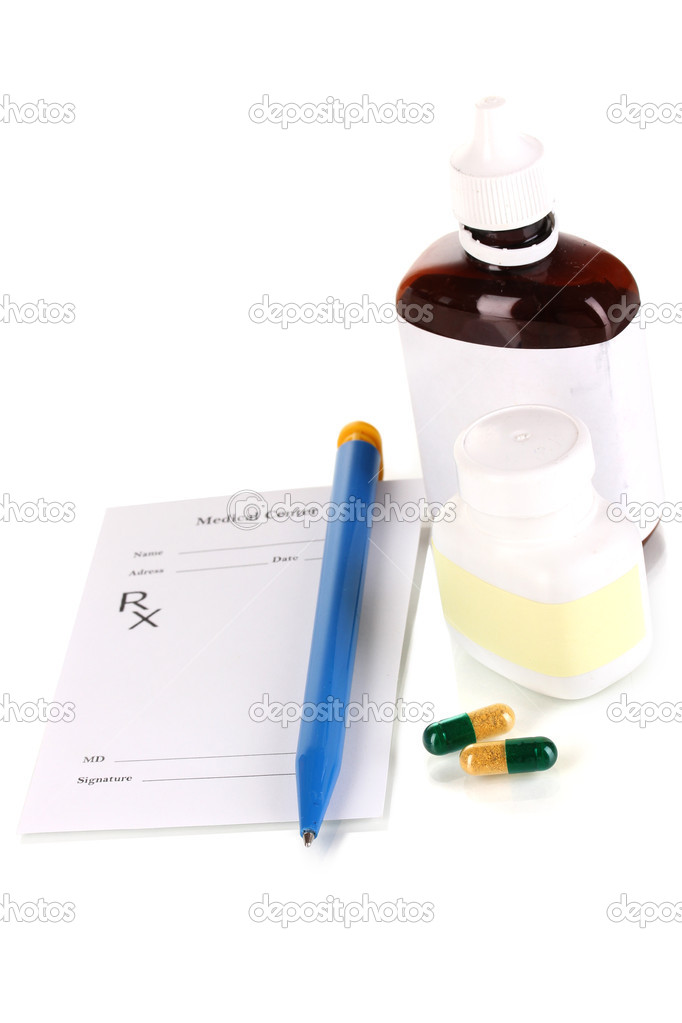 Pharmacist prescription with drops and pills isolated on white ⬇ Stock ...