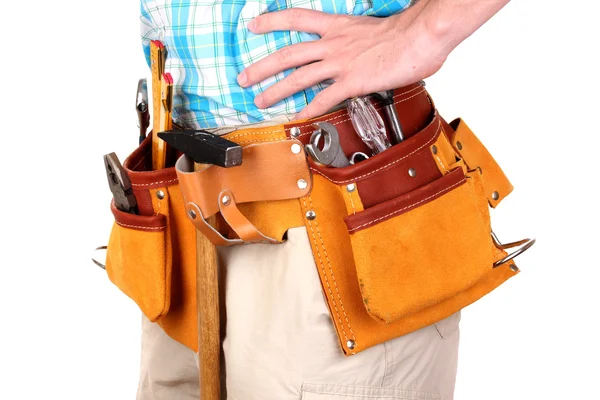 Plumber with tool belt and wrench on white background, closeup Stock ...