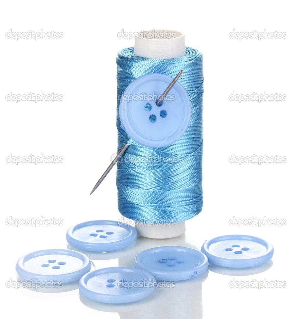 Blue bobbin with needle and buttons isolated on white Stock Photo by ...