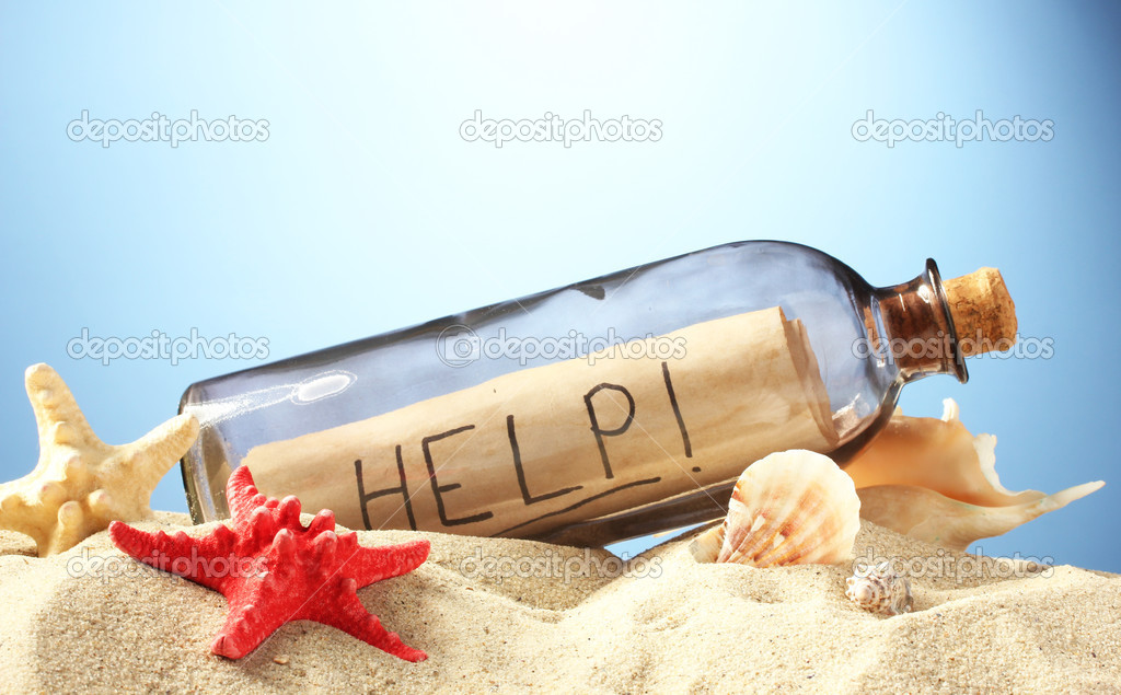 Glass bottle with note inside on sand, on blue background — Stock Photo ...