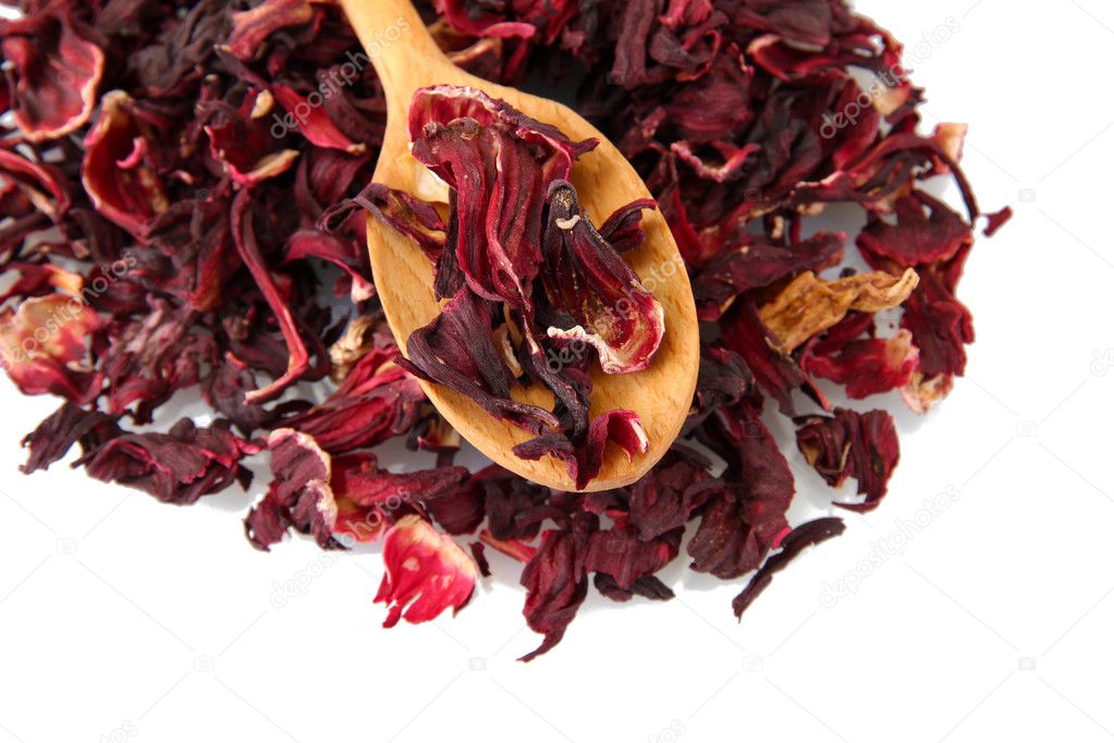 t arom tico de hibisco con cuchara de madera, aislado en blanco 2024