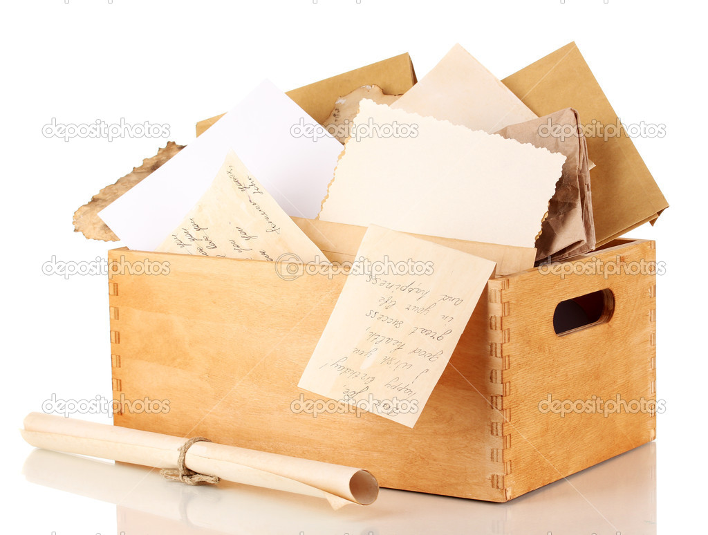 Wooden crate with papers and letters isolated on white Stock Photo by ...