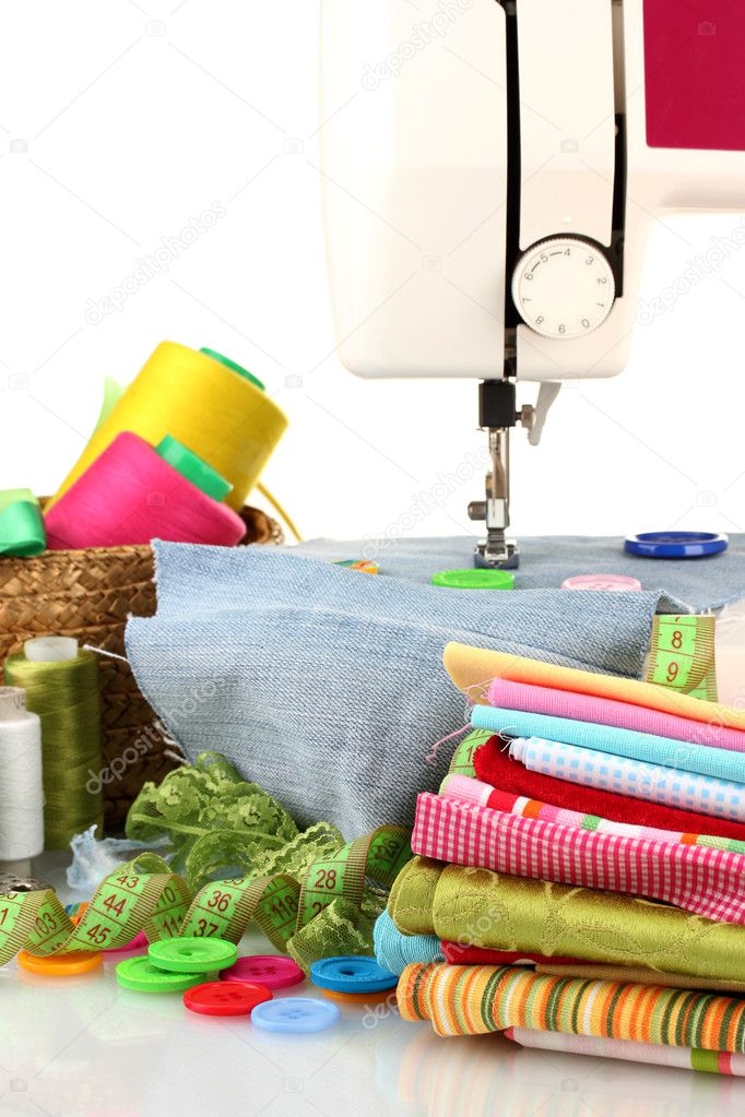 Sewing machine and fabric isolated on white — Stock Photo © belchonock ...