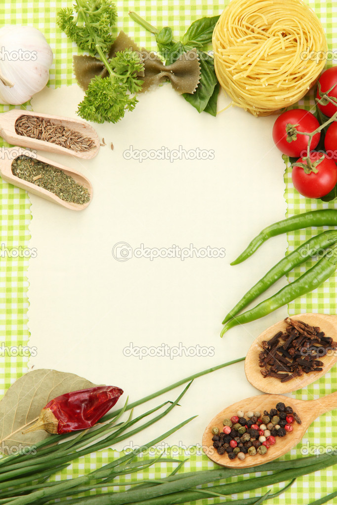 Paper for recipes,vegetables and spices on green background — Stock ...